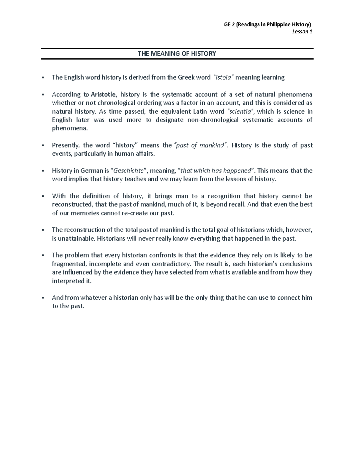 Lesson 1 - lecture - GE 2 (Readings in Philippine History) Lesson 1 THE ...