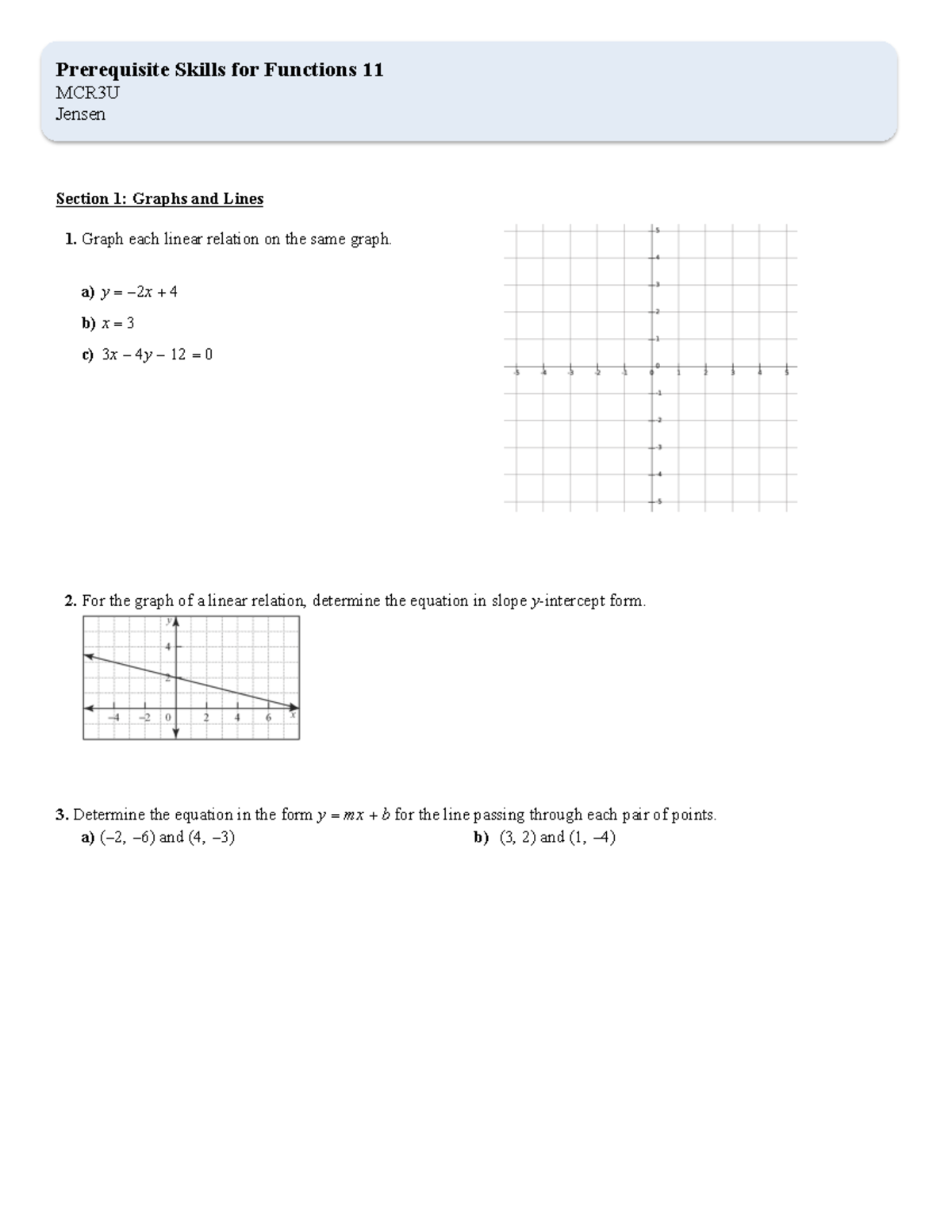 Prerequisite skills worksheet - Prerequisite Skills for Functions 11 ...