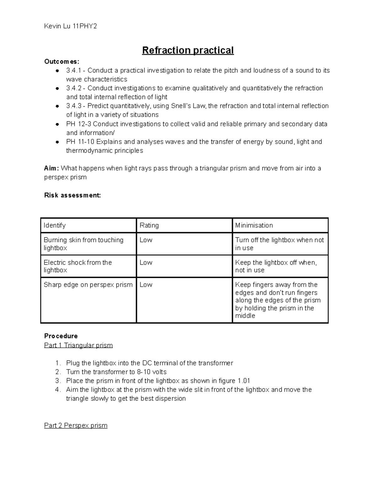 Phys Prac 6 Refraction prac - Refraction practical Outcomes: 3.4 ...
