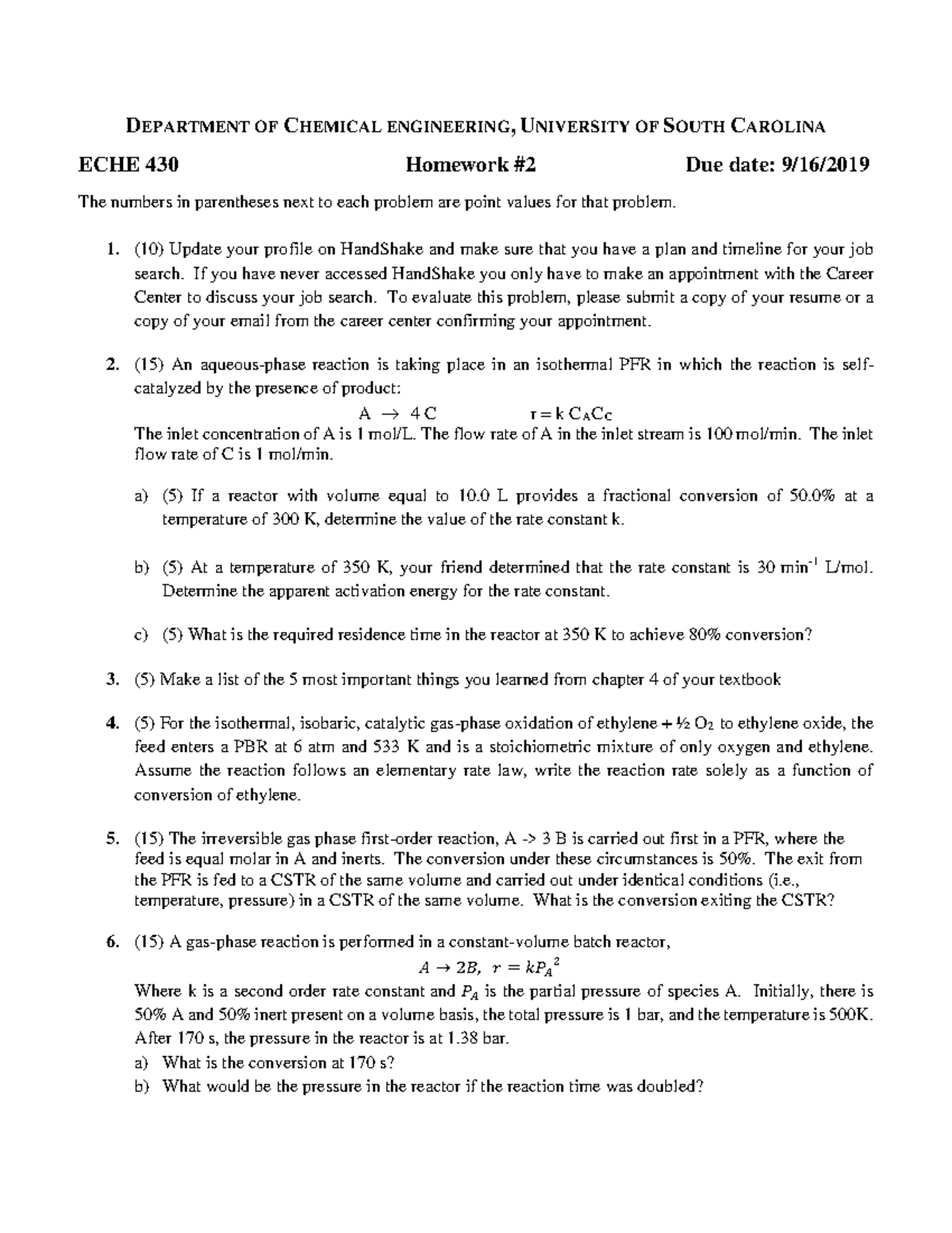 Fall 2019 430 HW Set2 - DEPARTMENT OF CHEMICAL ENGINEERING, UNIVERSITY ...