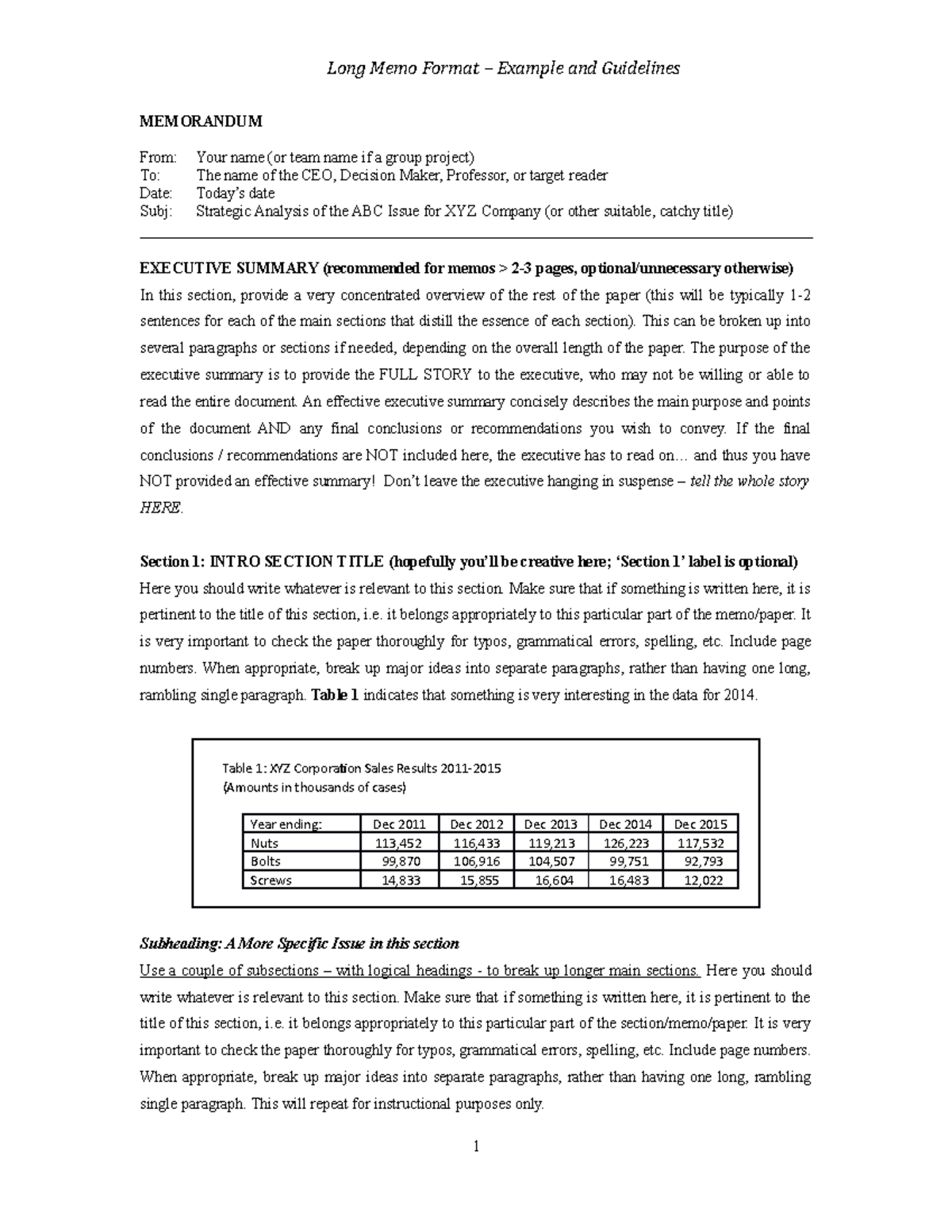 Memo Long Format Example And Guidelines Memorandum From Your Name Or Team Name If A Group