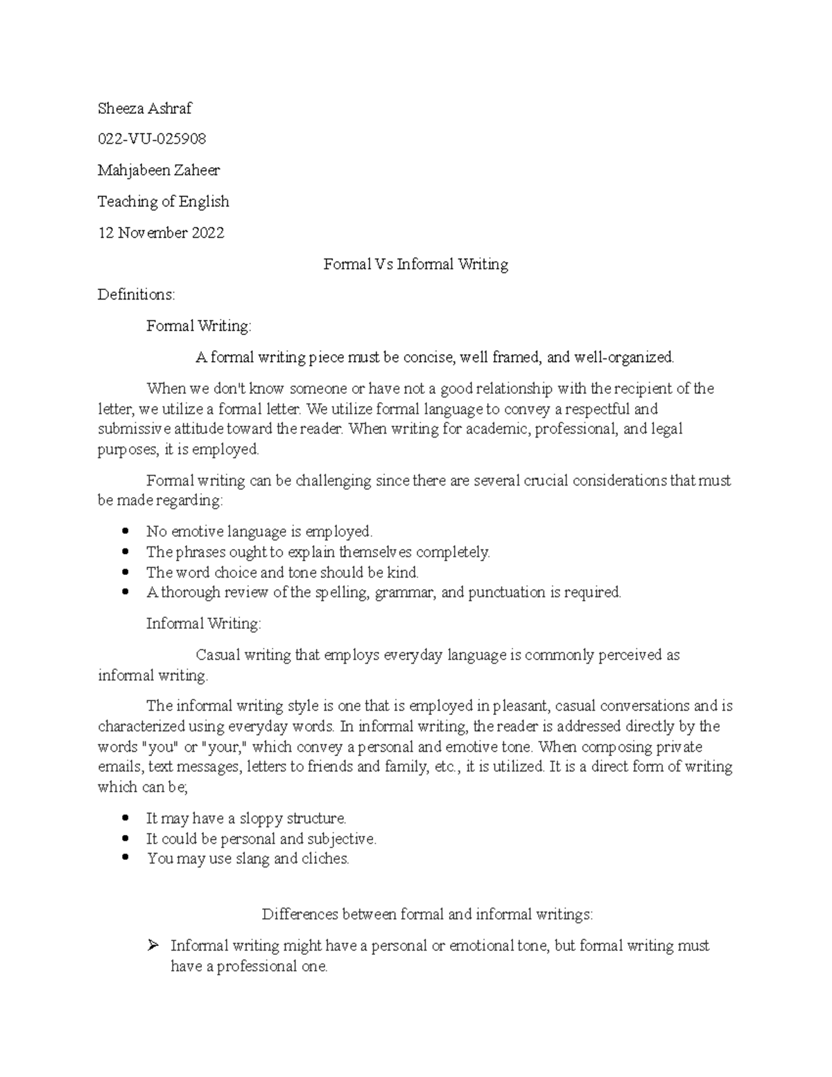 Formal Vs Informal Writing - Sheeza Ashraf 022-VU- Mahjabeen Zaheer ...