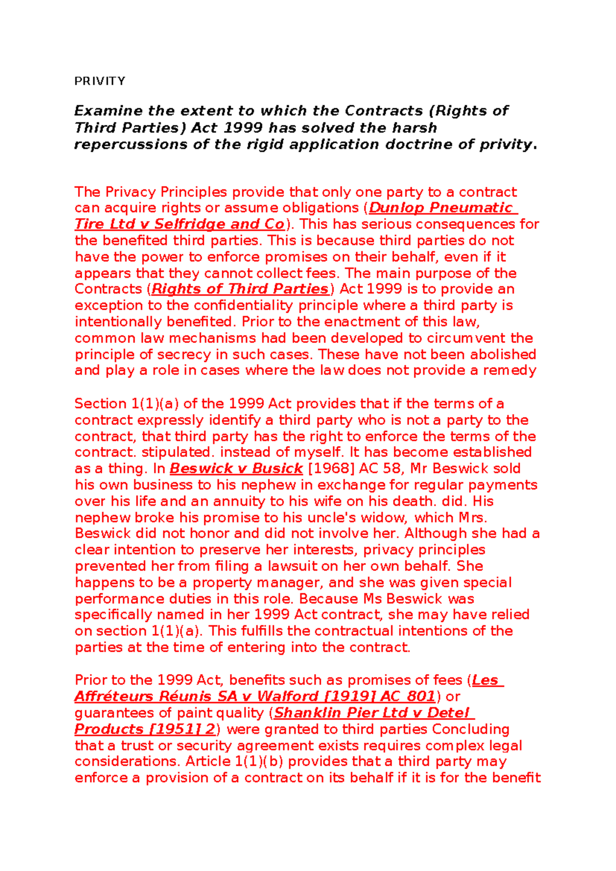 Privity essay - PRIVITY Examine the extent to which the Contracts ...