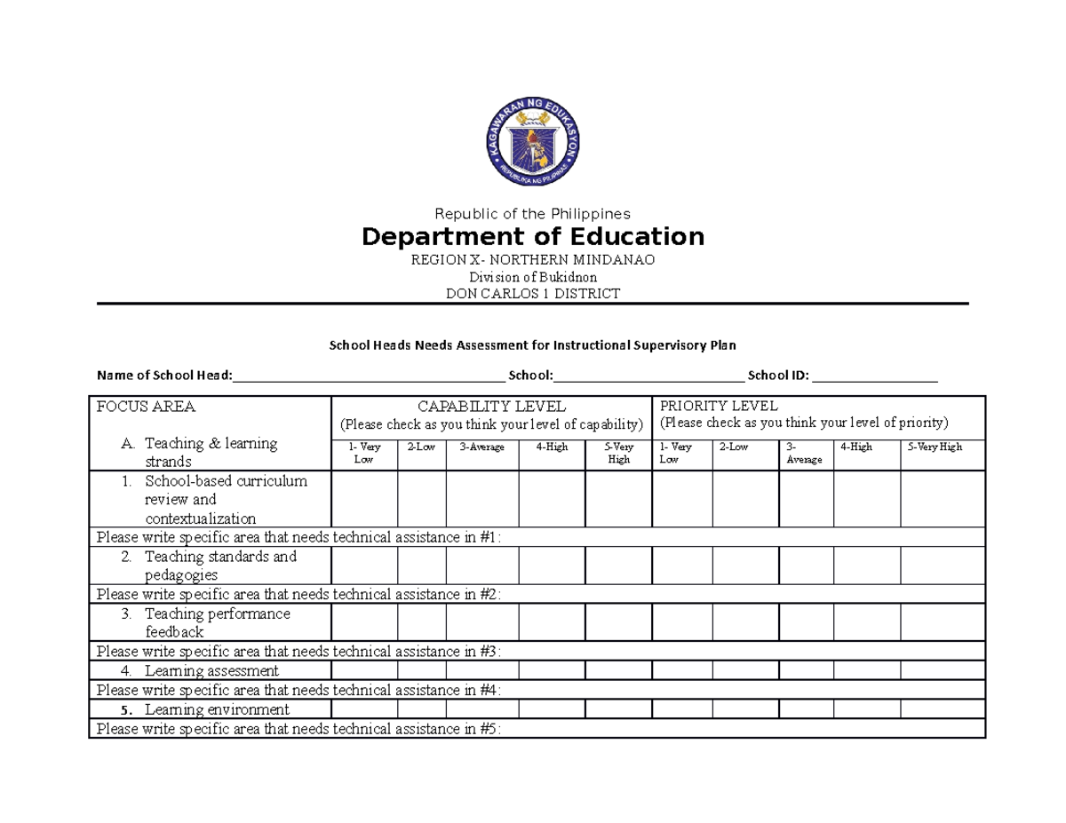 School Heads Needs Assessment - Republic of the Philippines Department ...