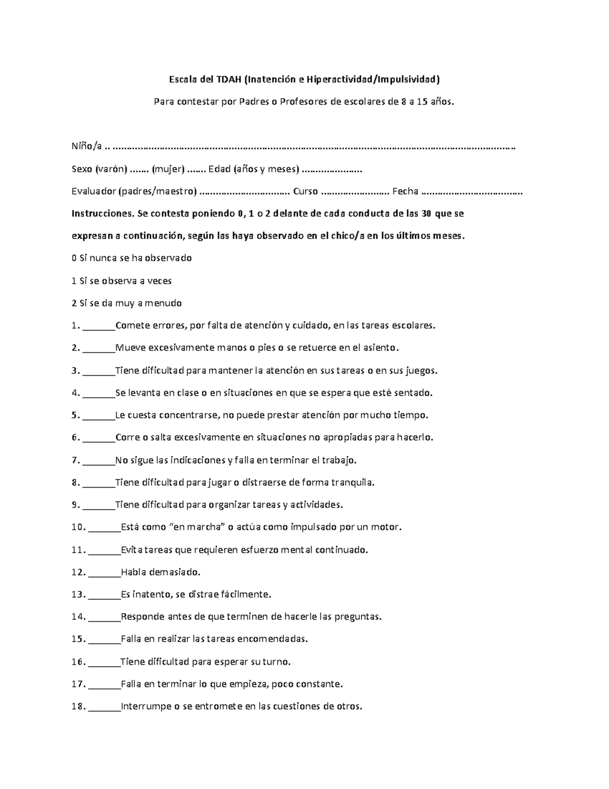 Escala del TDAH DSM IV - 8 a 15 años - Escala del TDAH (Inatención e ...