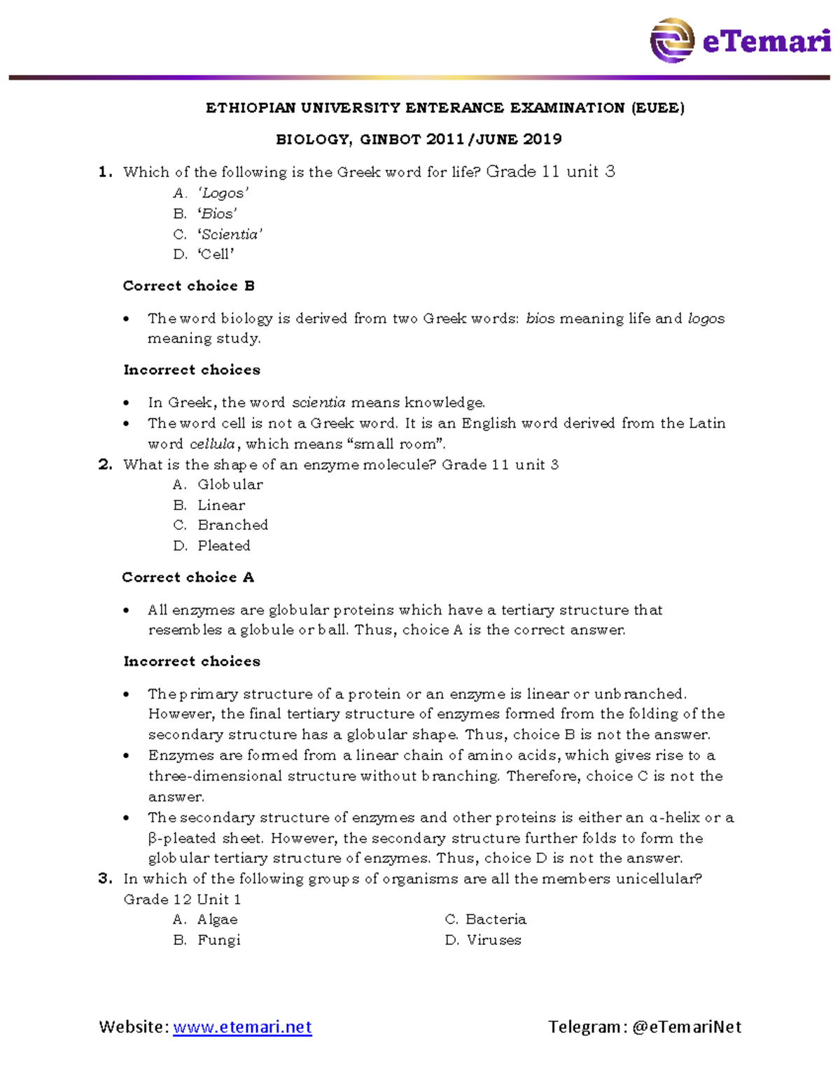 2011 Biology exam solution by etemari - ETHIOPIAN UNIVERSITY ENTERANCE ...