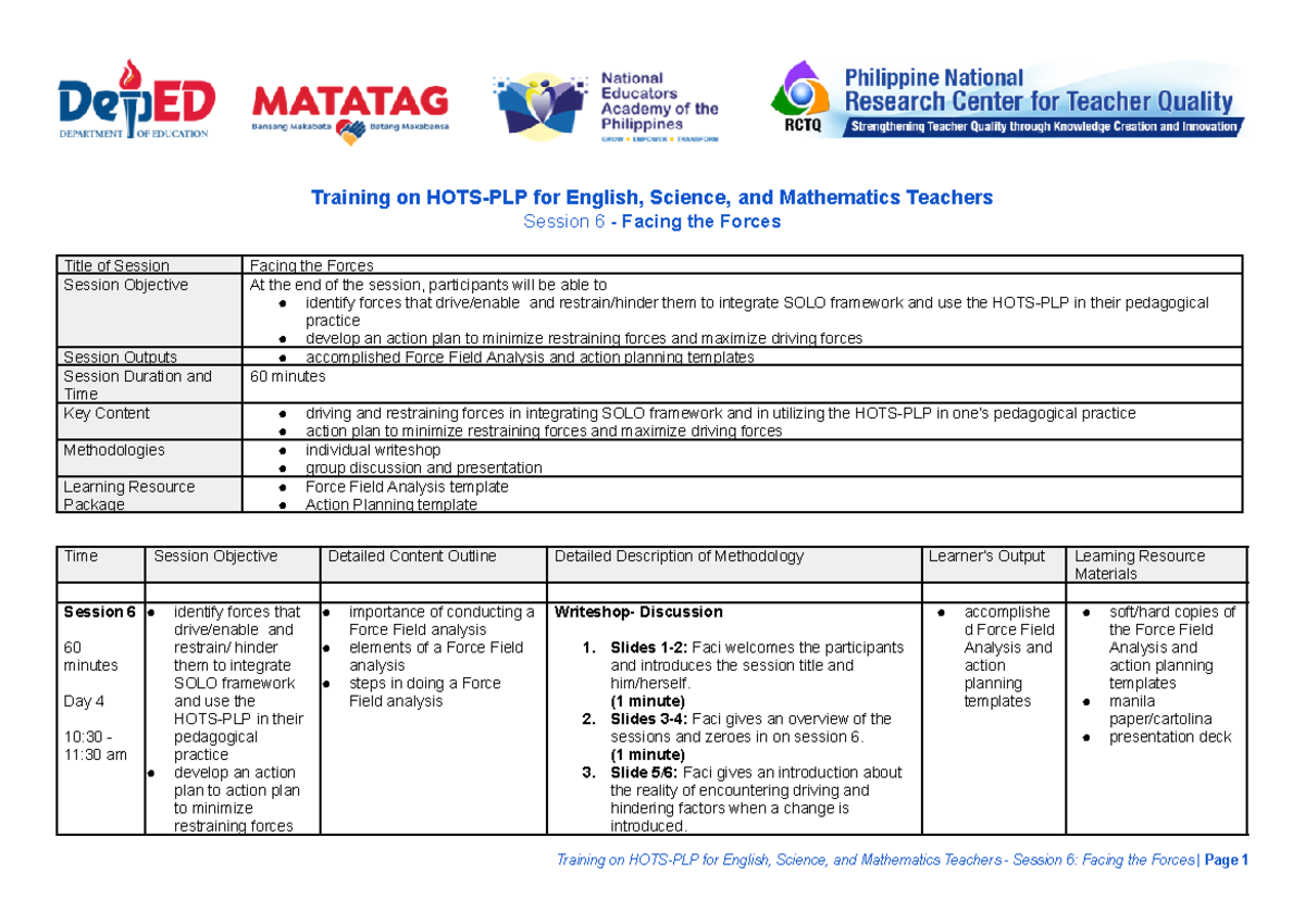 SG S6 Facing the Forces - Need for training purposes. - Training on ...