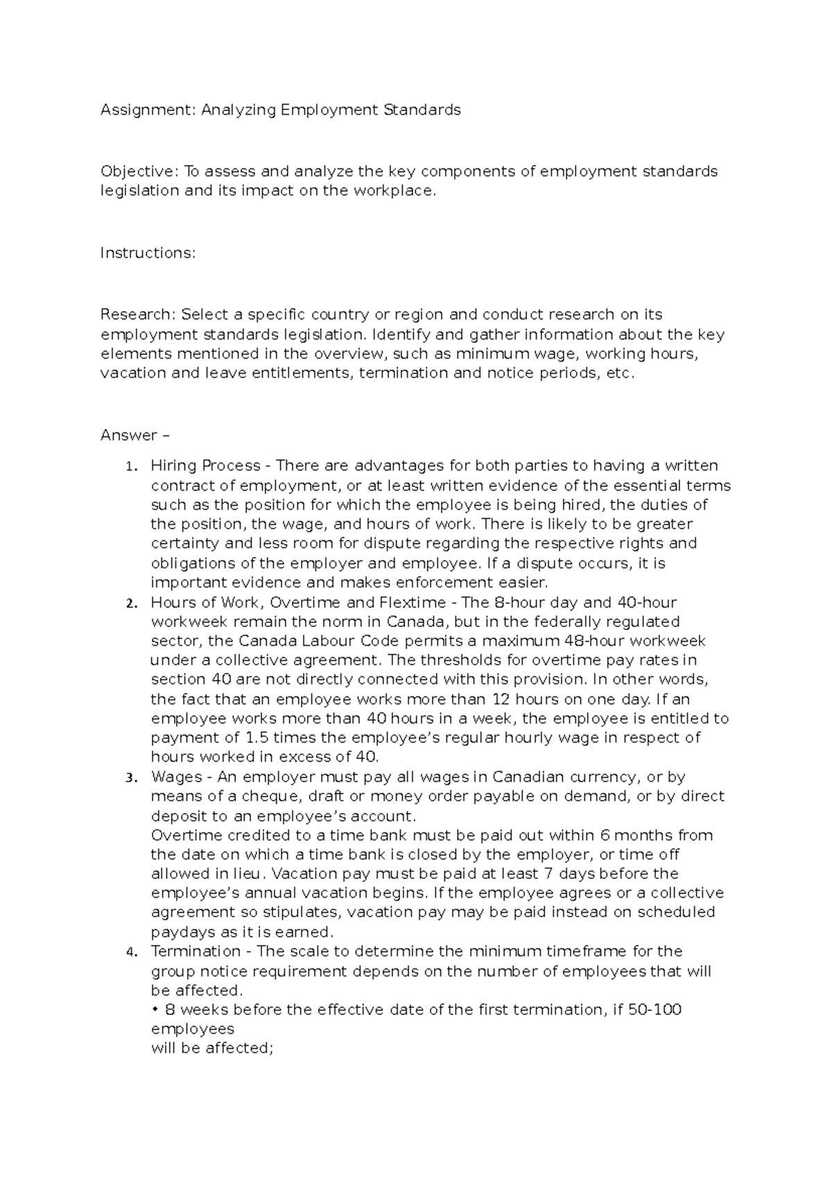 Assingment Business laws - Assignment: Analyzing Employment Standards ...