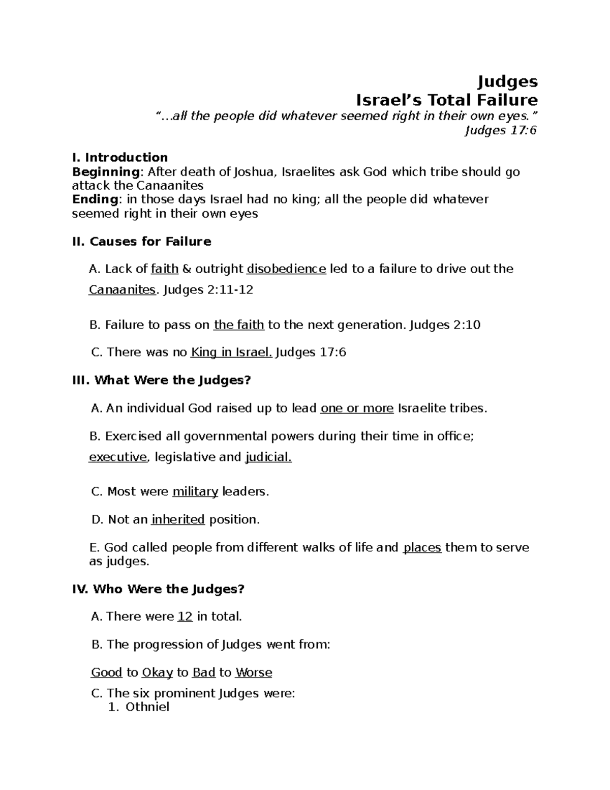 Judges & Ruth Handout - Judges Israel’s Total Failure “.. the people ...