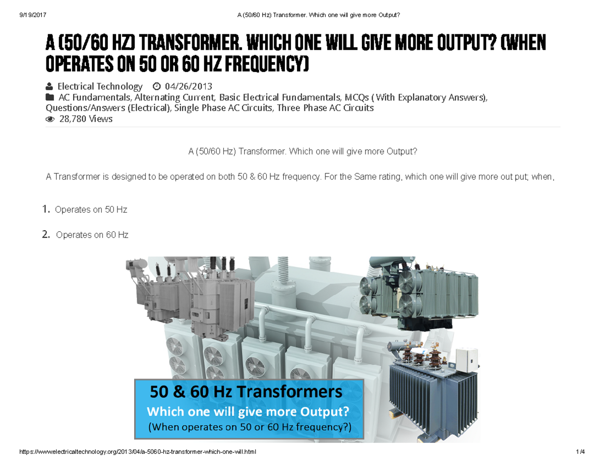 A (50 60 Hz) Transformer - Which one will give more Output? - Studocu