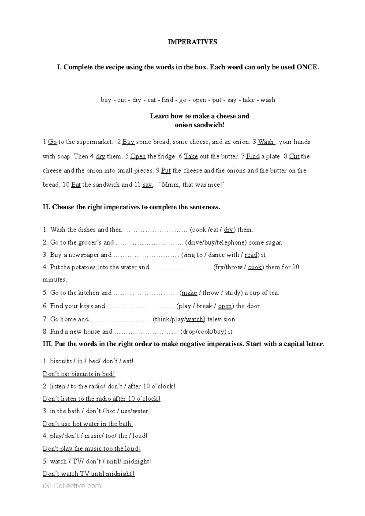 Imperatives exercises - IMPERATIVES I. Complete the recipe using the ...