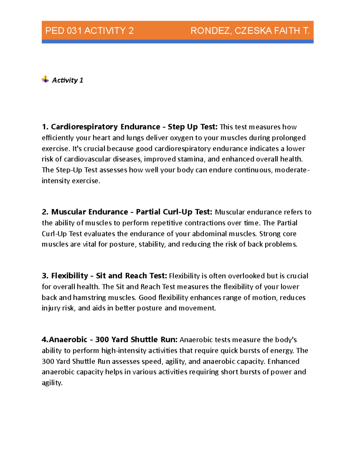 PED031 Activity 2 - Activity 1 Cardiorespiratory Endurance - Step Up ...