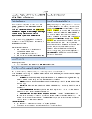 Kindergarten Math Lesson Plan - Subject: Math Grade: Kindergarten Topic ...
