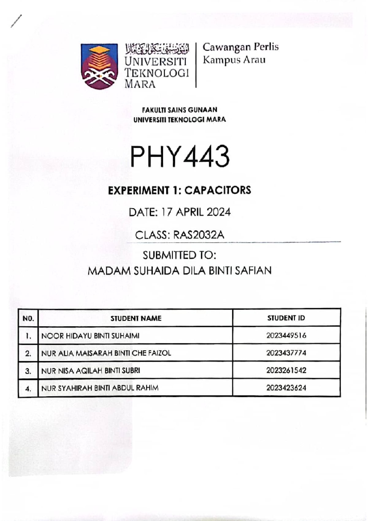 Lab Report EXP.1 CAPACITOR (UITM) - Physics semester 2 - Studocu