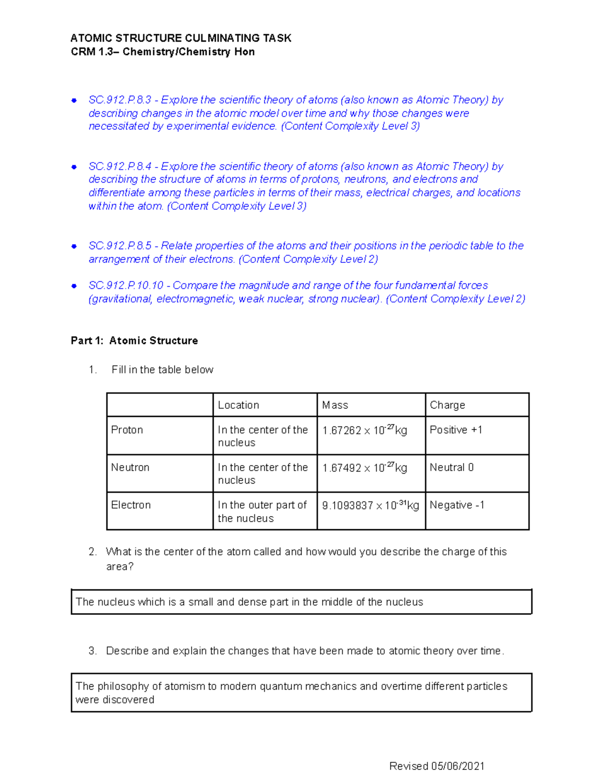 Copy of Atomic Structure and the Periodic Table Extension Activity ...
