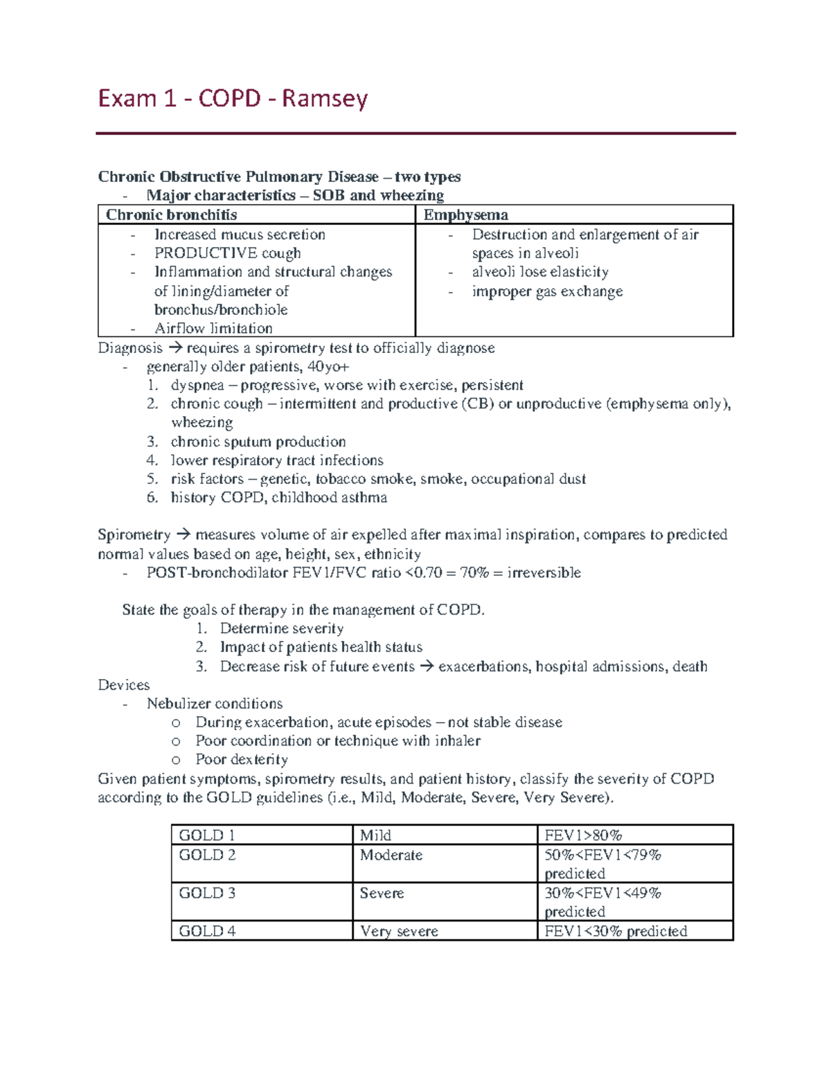 COPD Notes - Exam 1 - COPD - Ramsey Chronic Obstructive Pulmonary ...