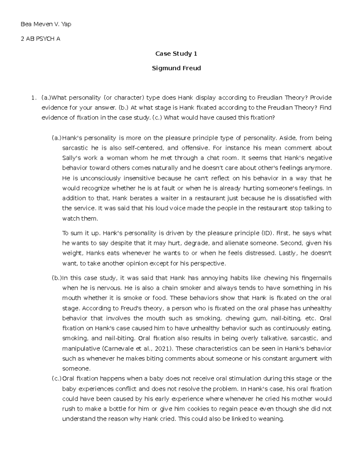 Case 1 - Case study of Sigmund Freud's theory of personality - Bea ...