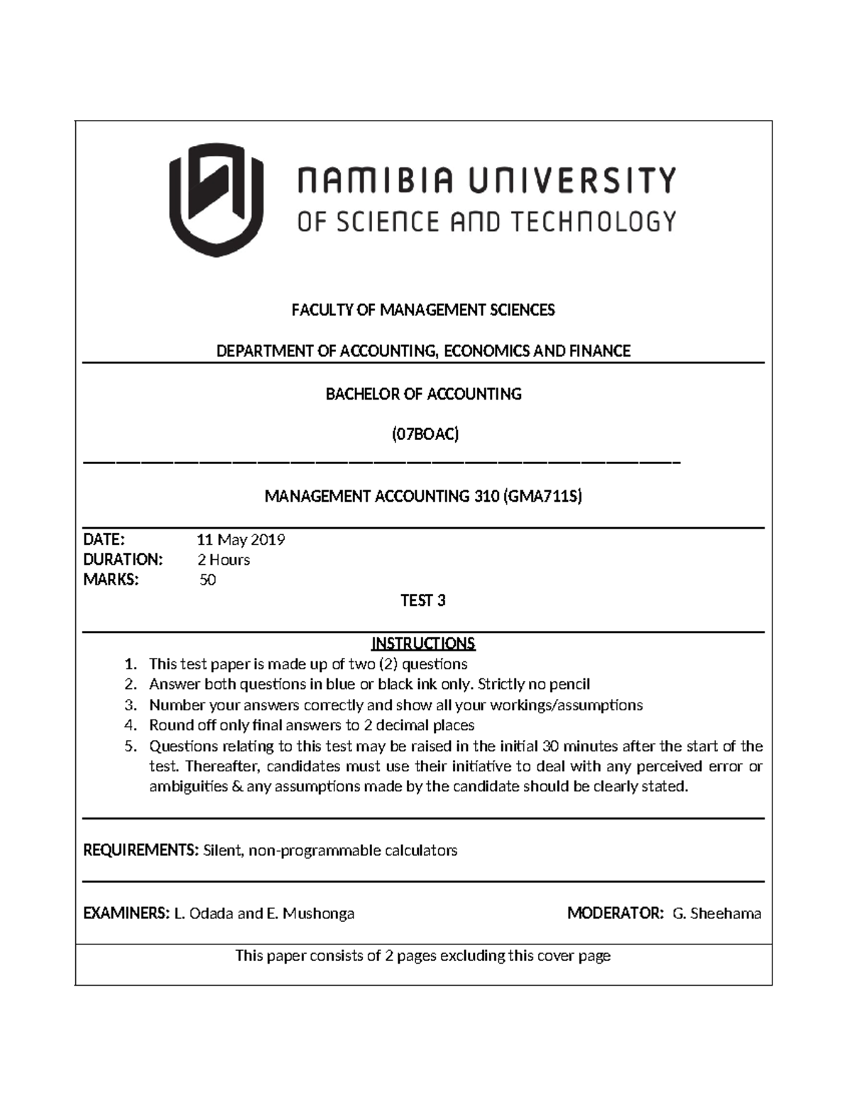 2019 GMA 711S Test 3 - test - FACULTY OF MANAGEMENT SCIENCES DEPARTMENT ...