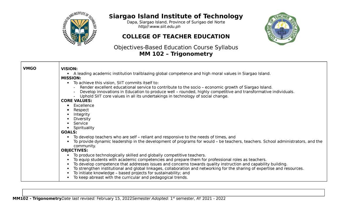 Course Syllabus - Trigonometry - Siargao Island Institute of Technology ...