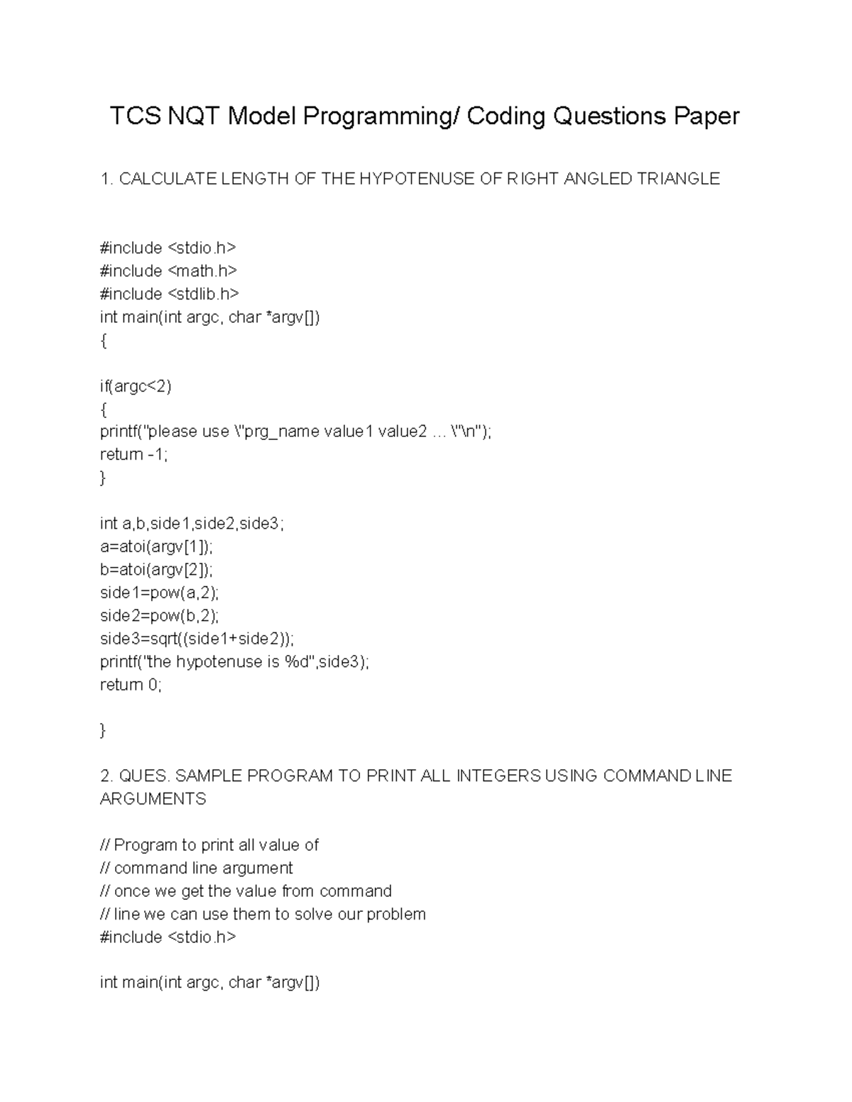 TCS NQT Model Programming Coding Questions Paper - CALCULATE LENGTH OF THE HYPOTENUSE OF RIGHT ...