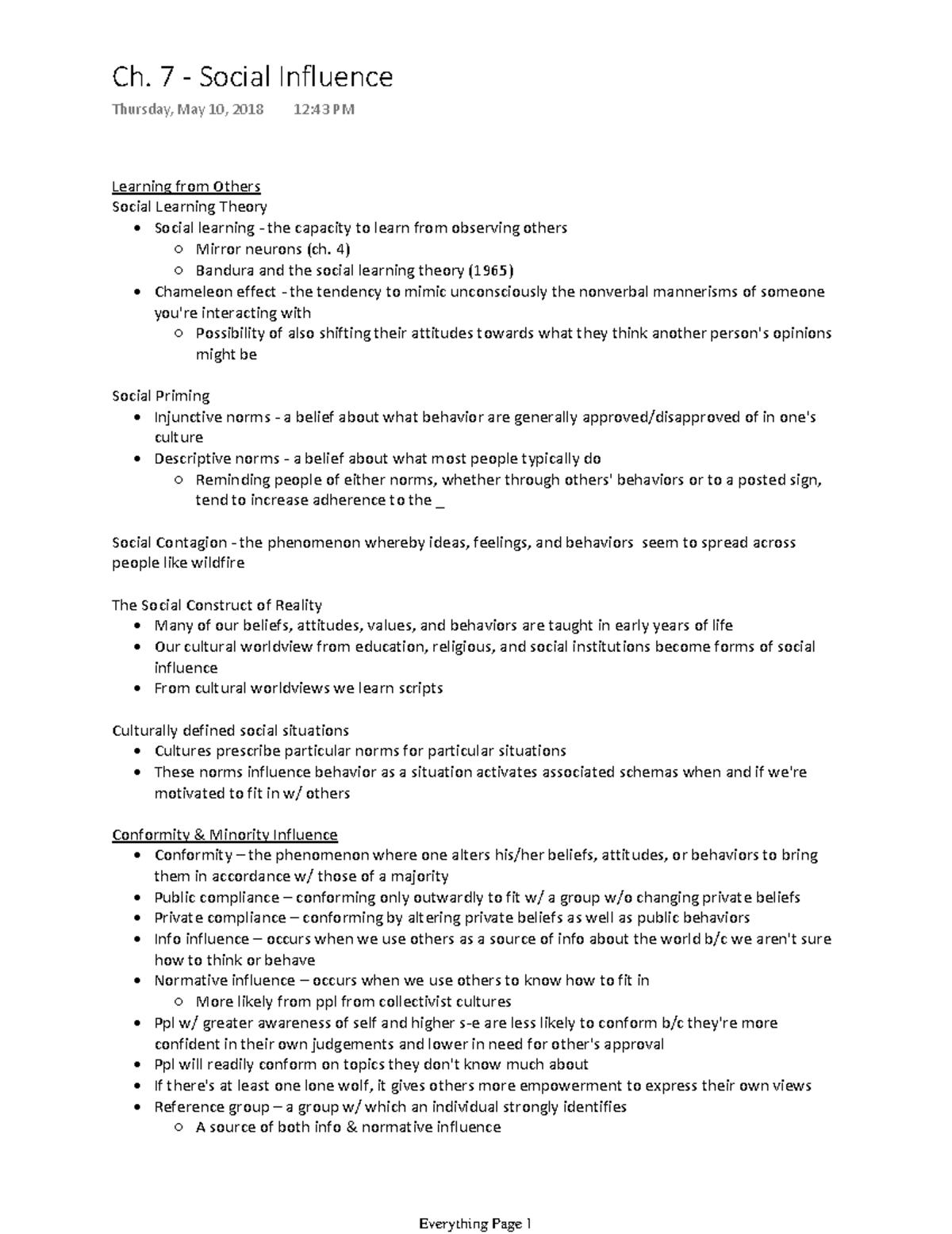 Social Psych Ch. 7 - Notes - Ch. 7 Social Influence Thursday, May 10 ...