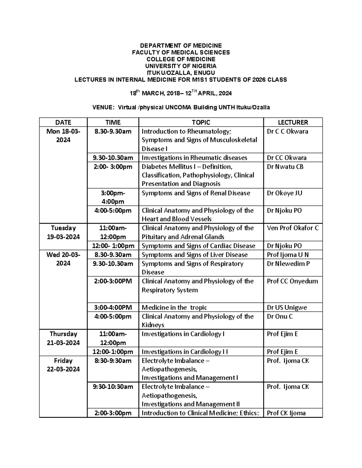M1 Block lecture schedule for medical students of 2026 class ...