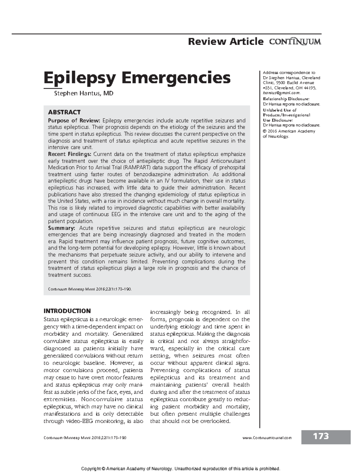 Epilepsia - Epilepsy Emergencies Stephen Hantus, MD ABSTRACT Purpose of ...