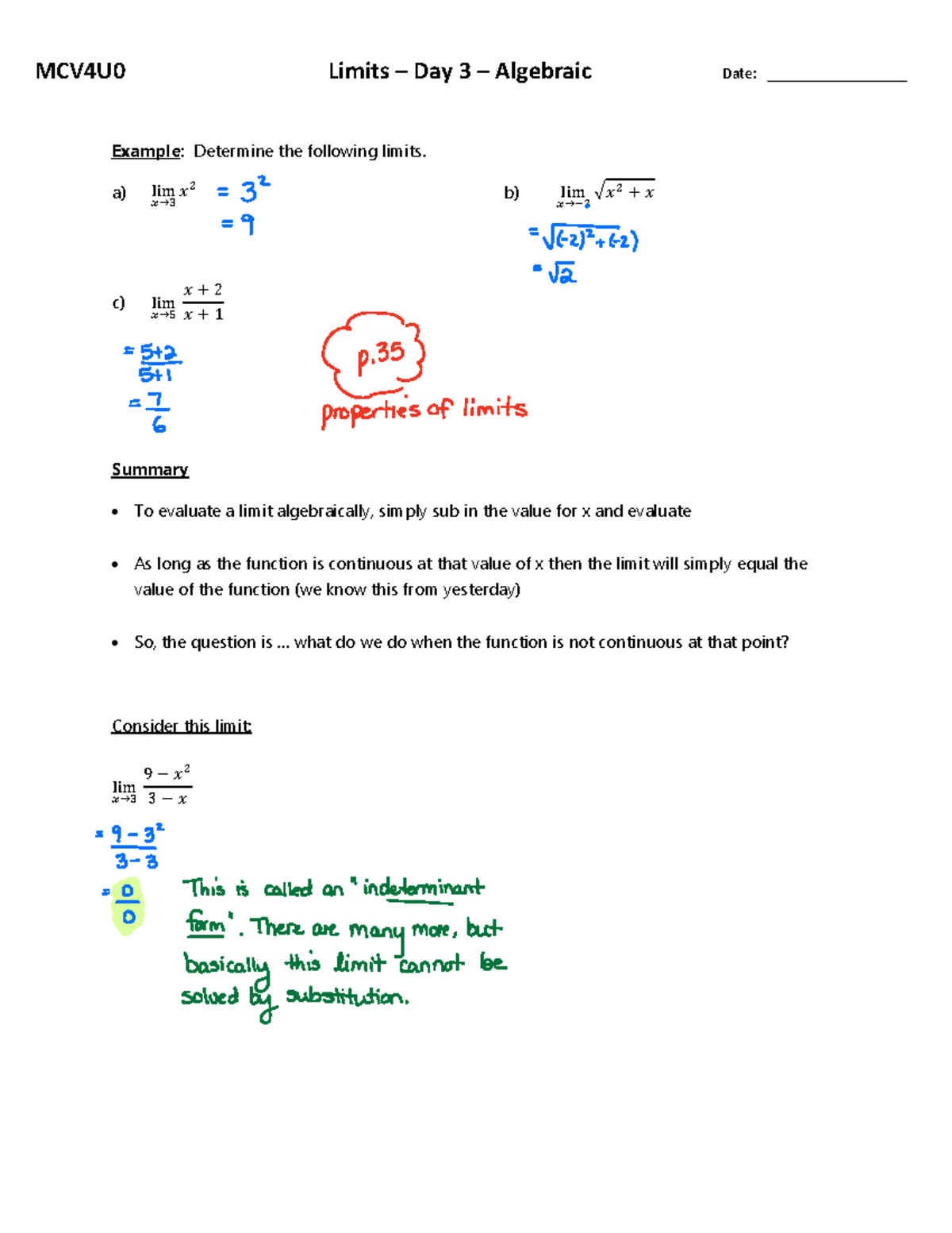 4.4 Algebraic Limits Lesson Solutions 2022 - MCV4U0 Limits ʹ Day 3 ʹ ...