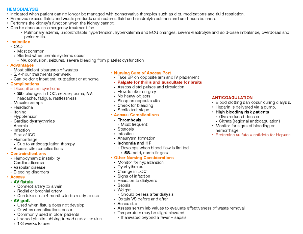 Dialysis and Kidney Transplant - HEMODIALYSIS Indicated when patient can no longer be managed ...