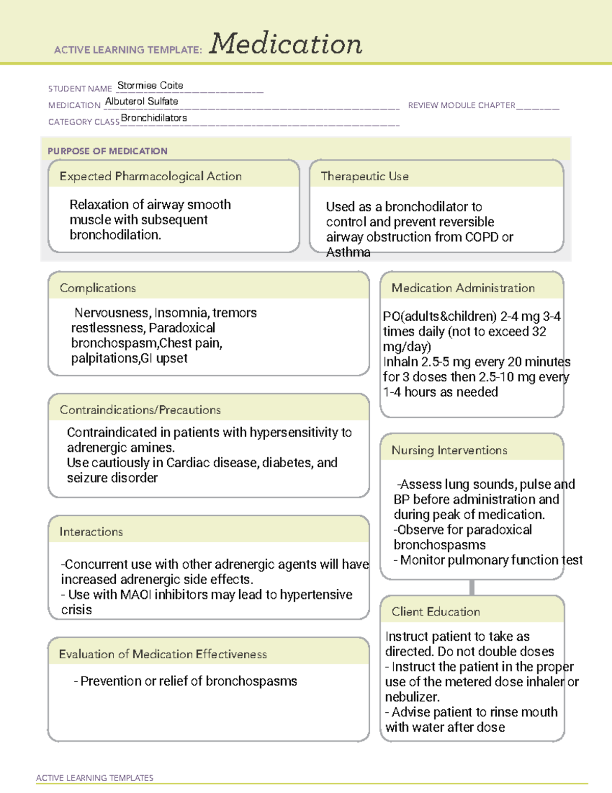 Abuterol medsheet - ACTIVE LEARNING TEMPLATES Medication STUDENT NAME ...