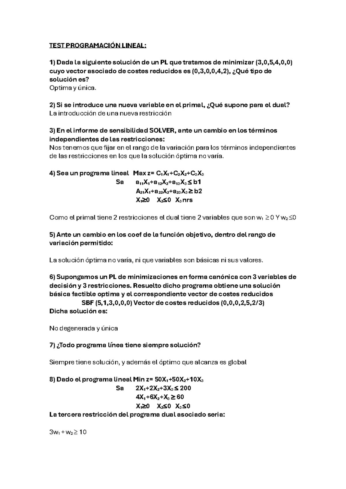 TEST Programación Lineal - TEST PROGRAMACIÓN LINEAL: Dada la siguiente ...