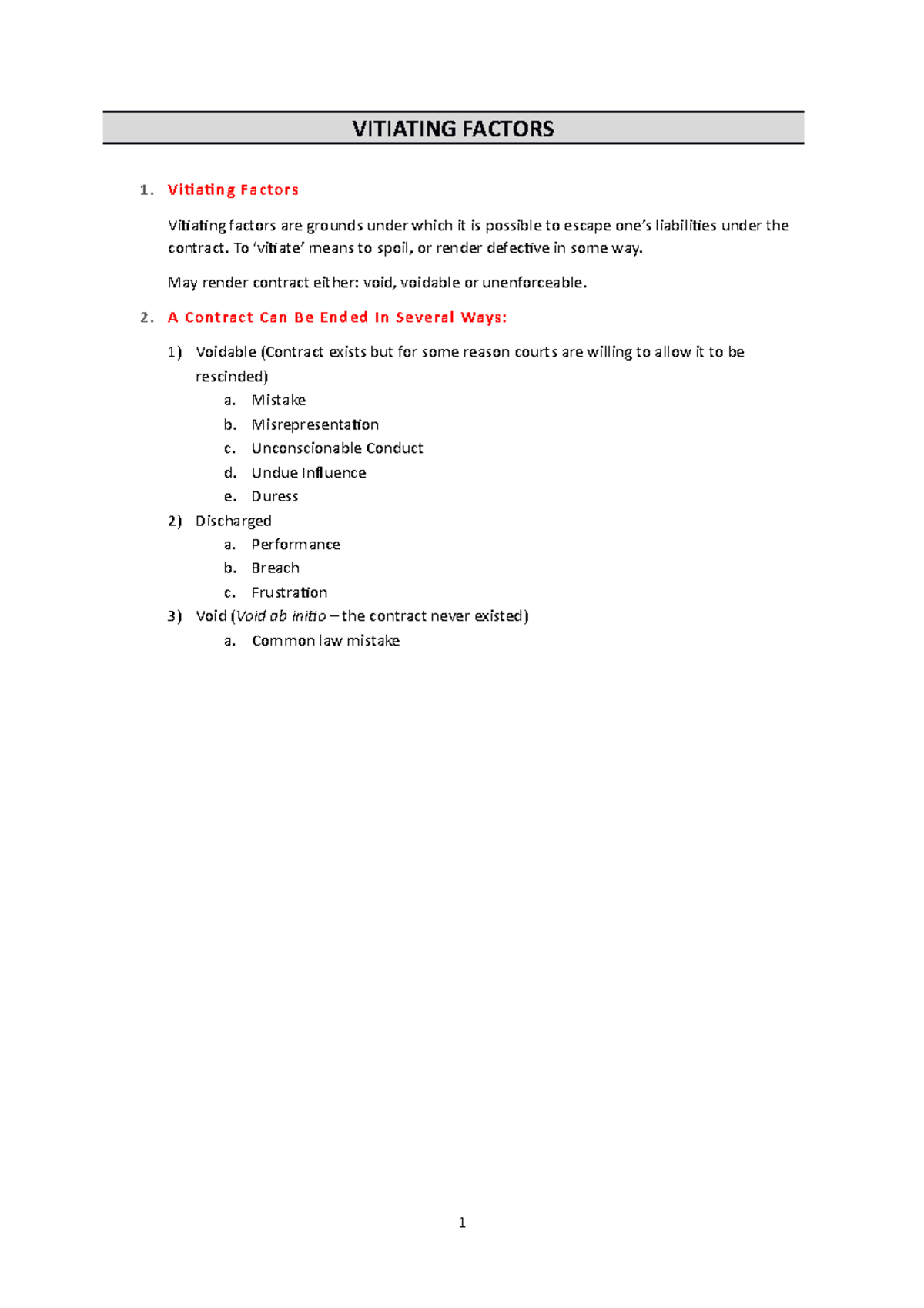 Entire Notes - Summary Law Of Contract B - VITIATING FACTORS 1. Viti ...