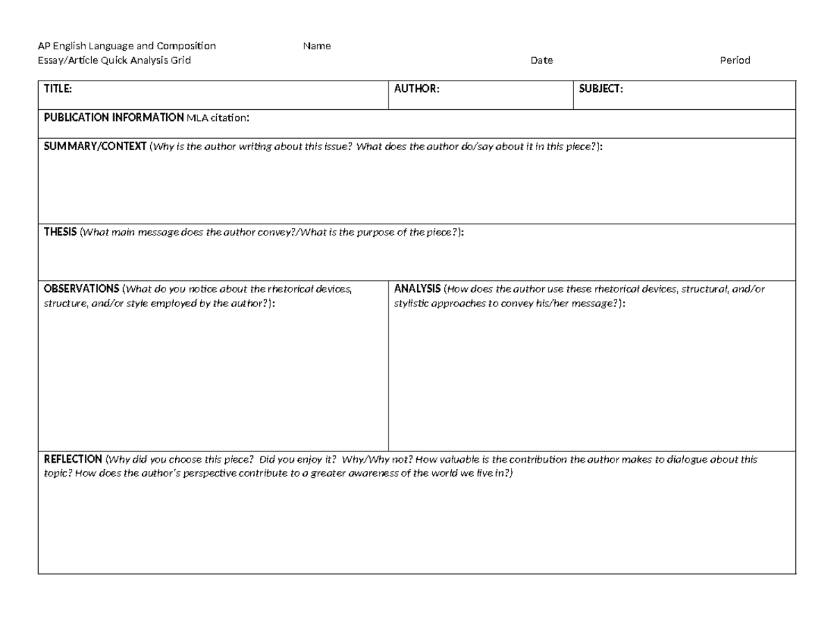 Article Quick Analysis Chart - AP English Language and Composition Name ...