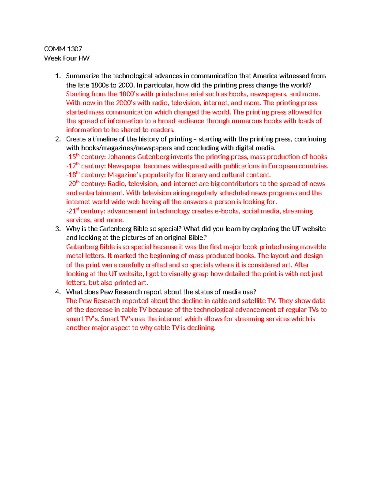 COMM 1307 Ch. 3 & 4 Homework - COMM 1307 Week Four HW 1. Summarize the ...