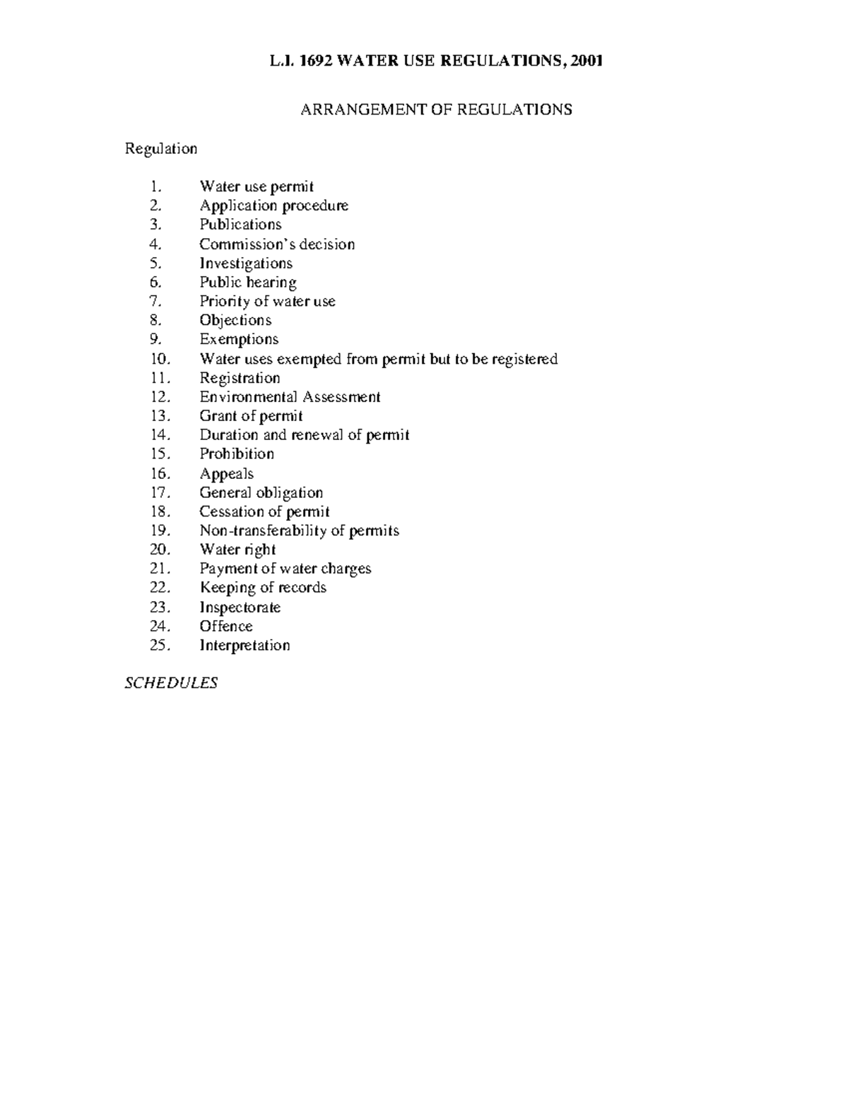 2001 Water USE Regulations LI 1692 - ARRANGEMENT OF REGULATIONS ...
