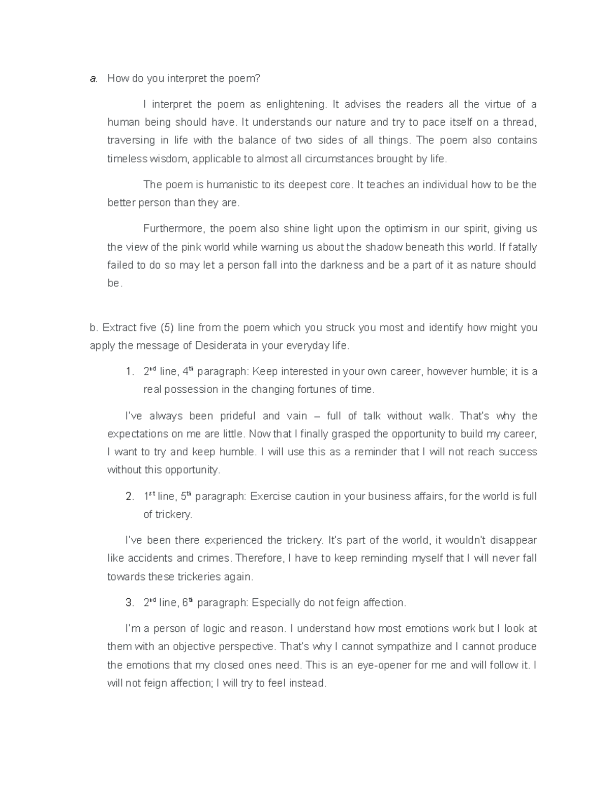 Desiderata Analysis with Guide Questions - a. How do you interpret the ...