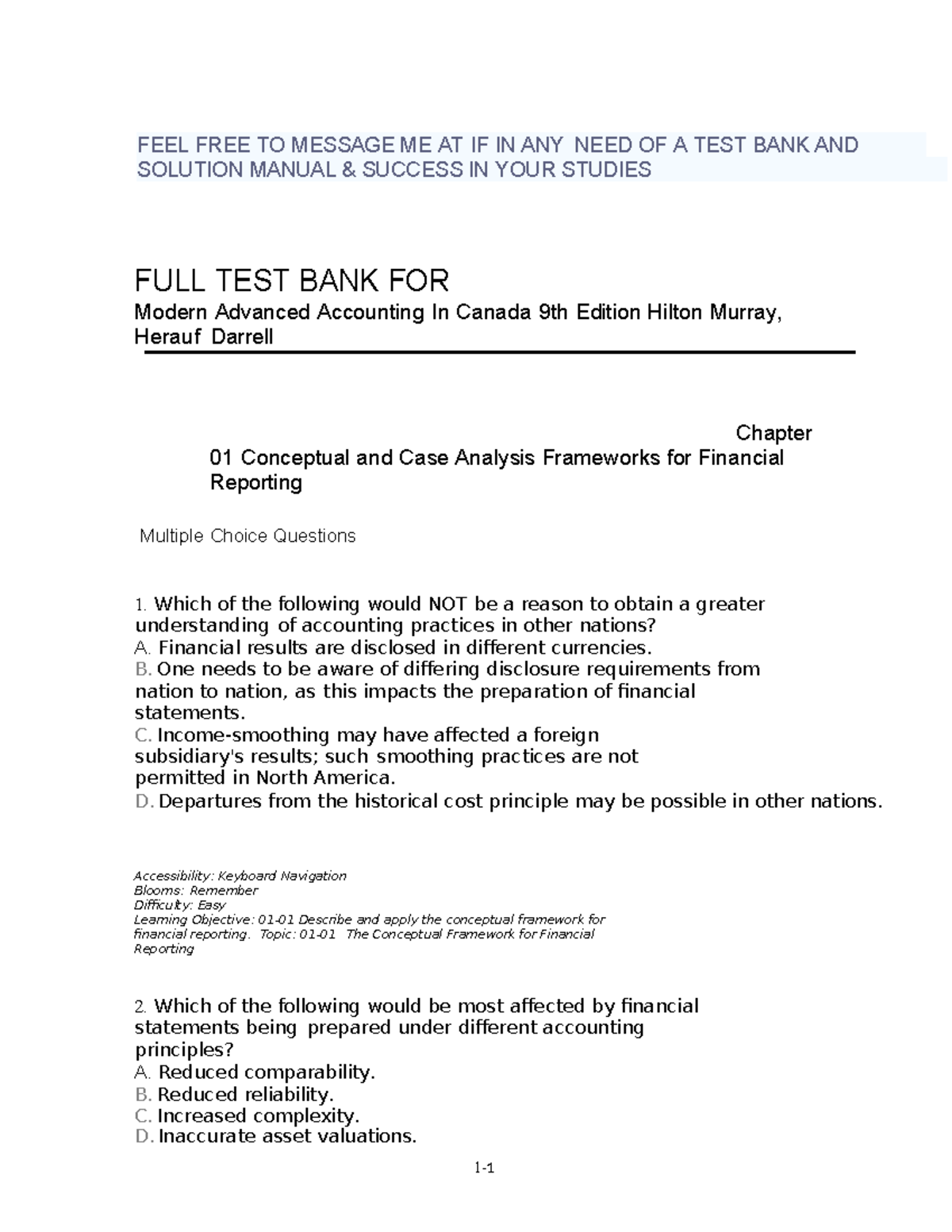 TEST BANK FOR Modern Advanced Accounting In Canada 9th Edition Hilton ...