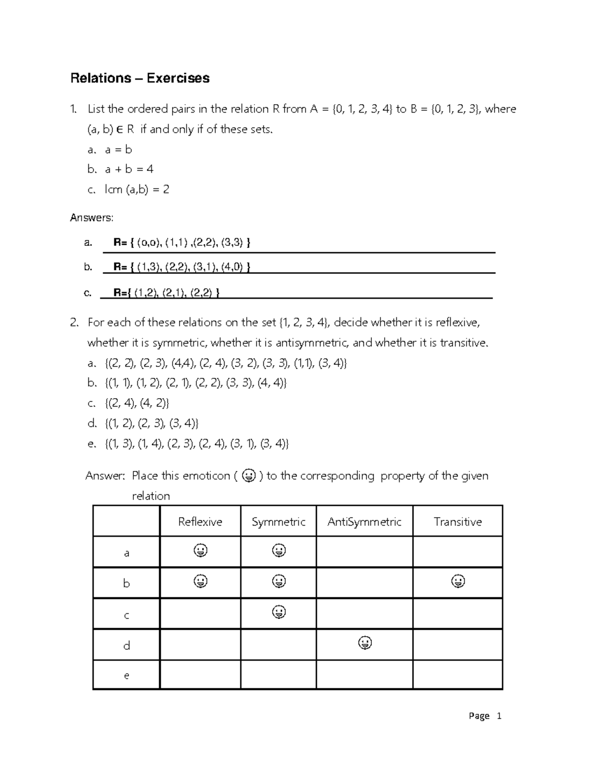 Relation Exercises(Discrete Structures) - Page 1 Relations – Exercises List the ordered pairs in ...