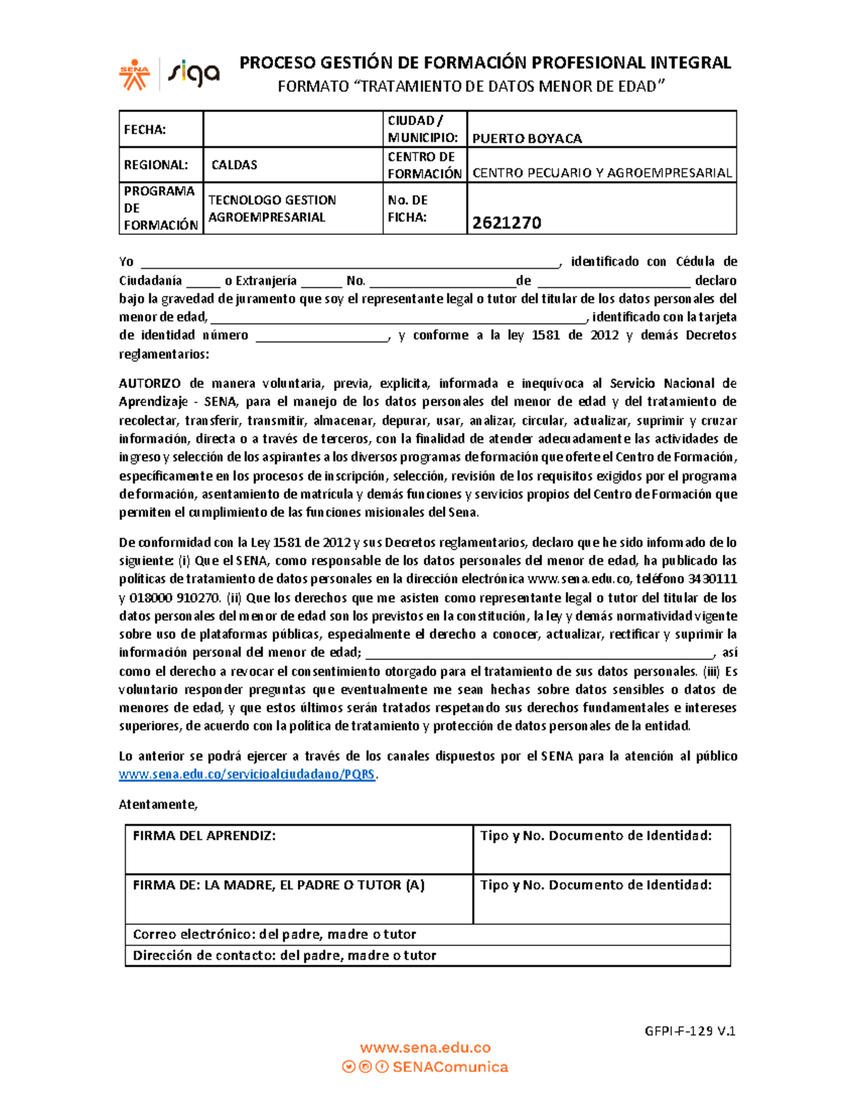 Formato Tratamiento DE Datos Menor DE EDAD 2621270 - PROCESO GESTI”N DE FORMACI”N PROFESIONAL ...