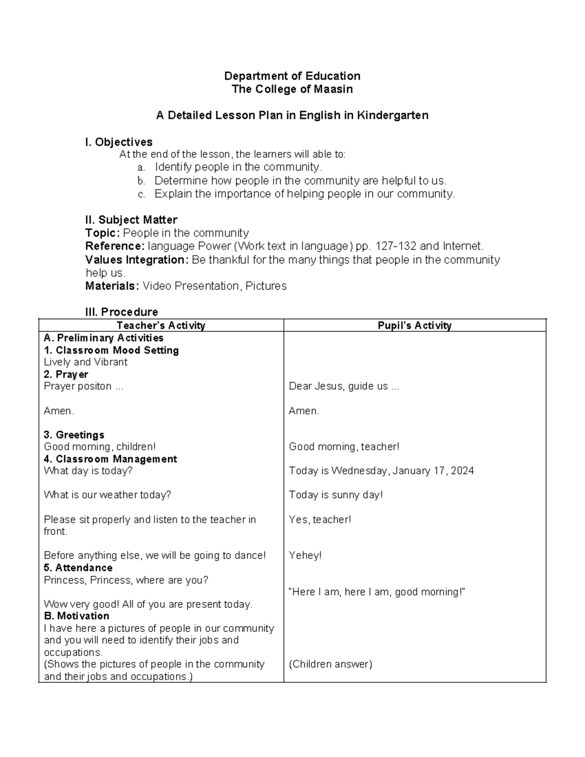 Kinder English Lesson PLAN - Department of Education The College of ...