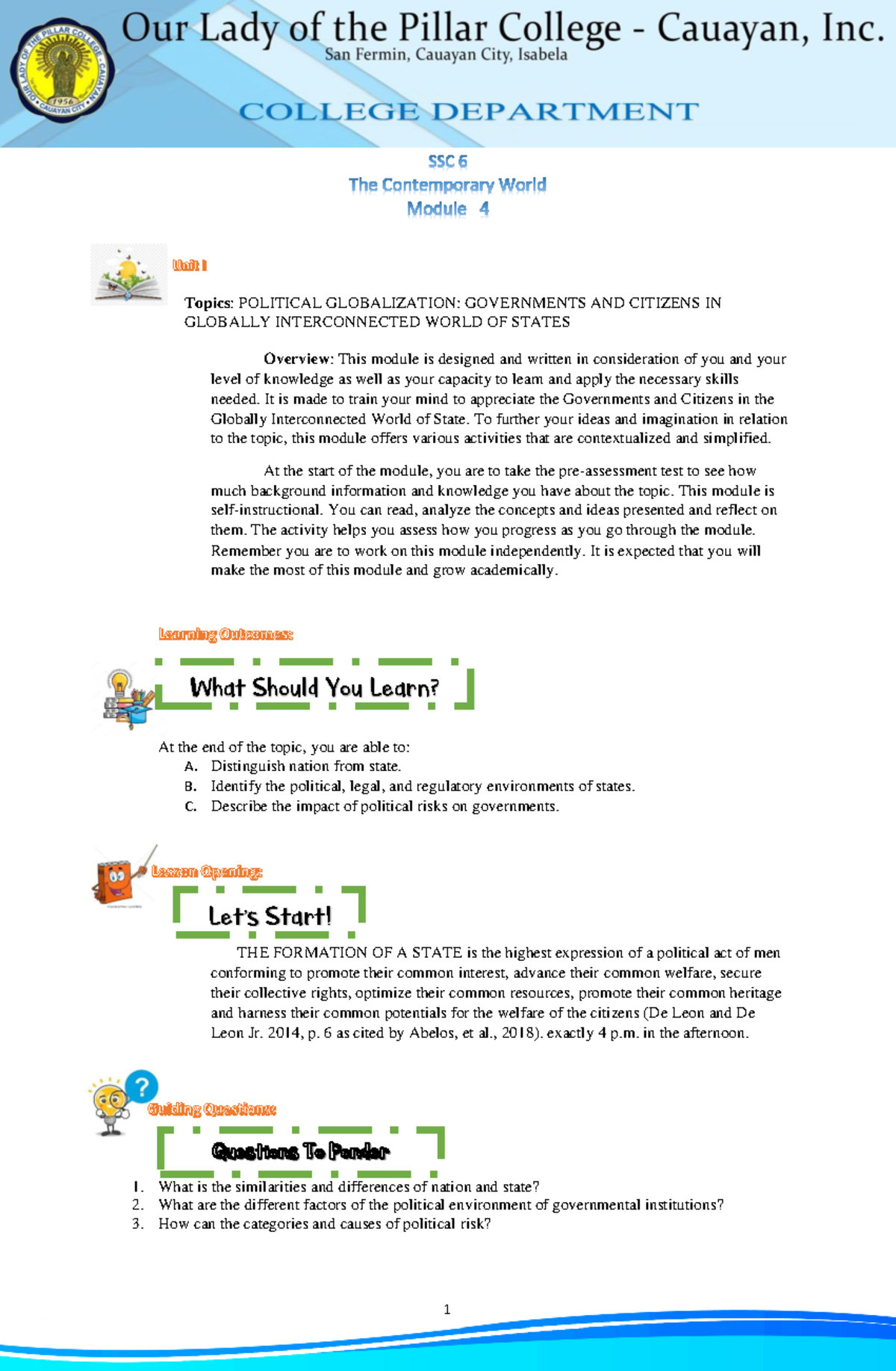 SSC6 Module 4 - notes - Topics: POLITICAL GLOBALIZATION: GOVERNMENTS ...