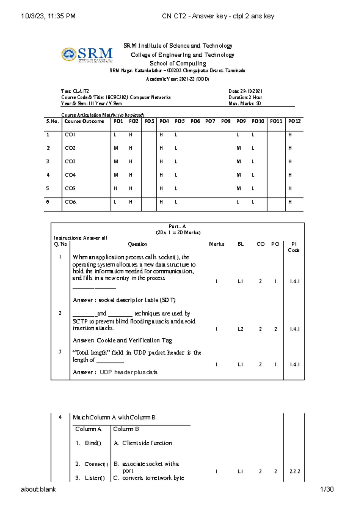 Cn Ct2 Answer Key Ctpl 2 Ans Key Srm Institute Of Science And