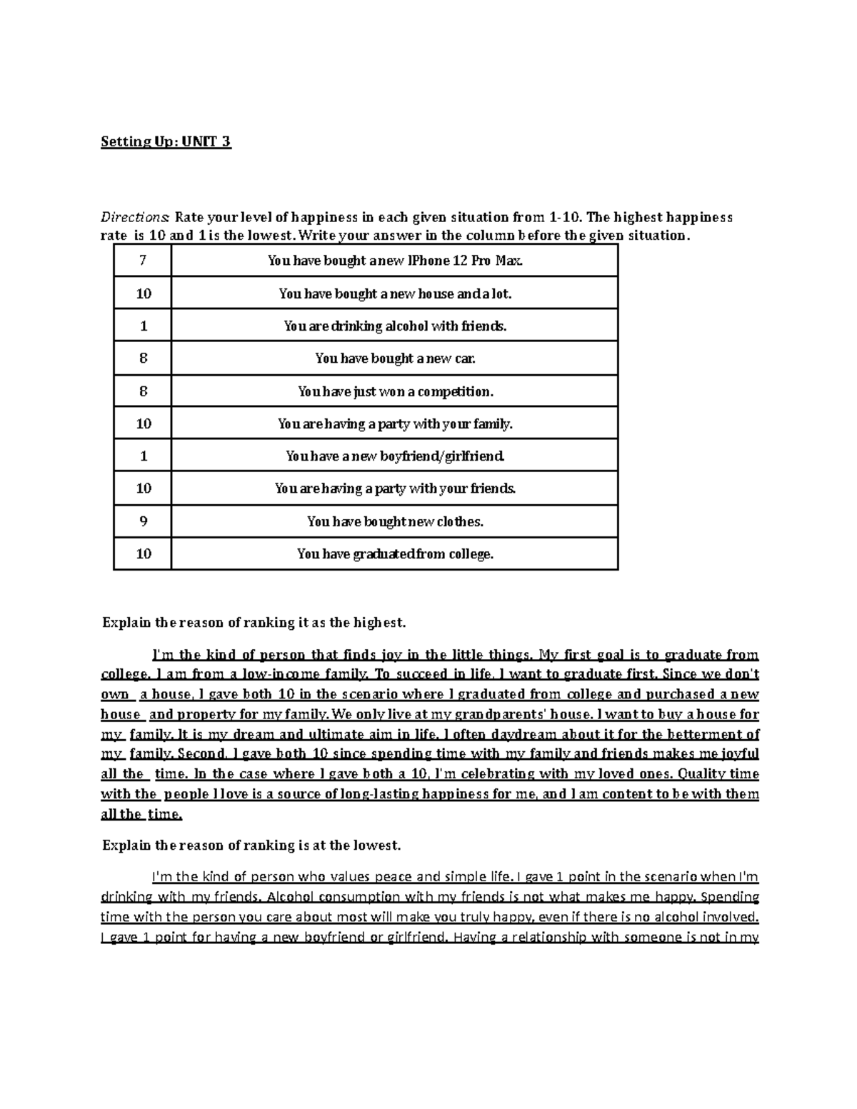 Setting UP-UNIT 3 - Setting Up: UNIT 3 Directions: Rate your level of ...