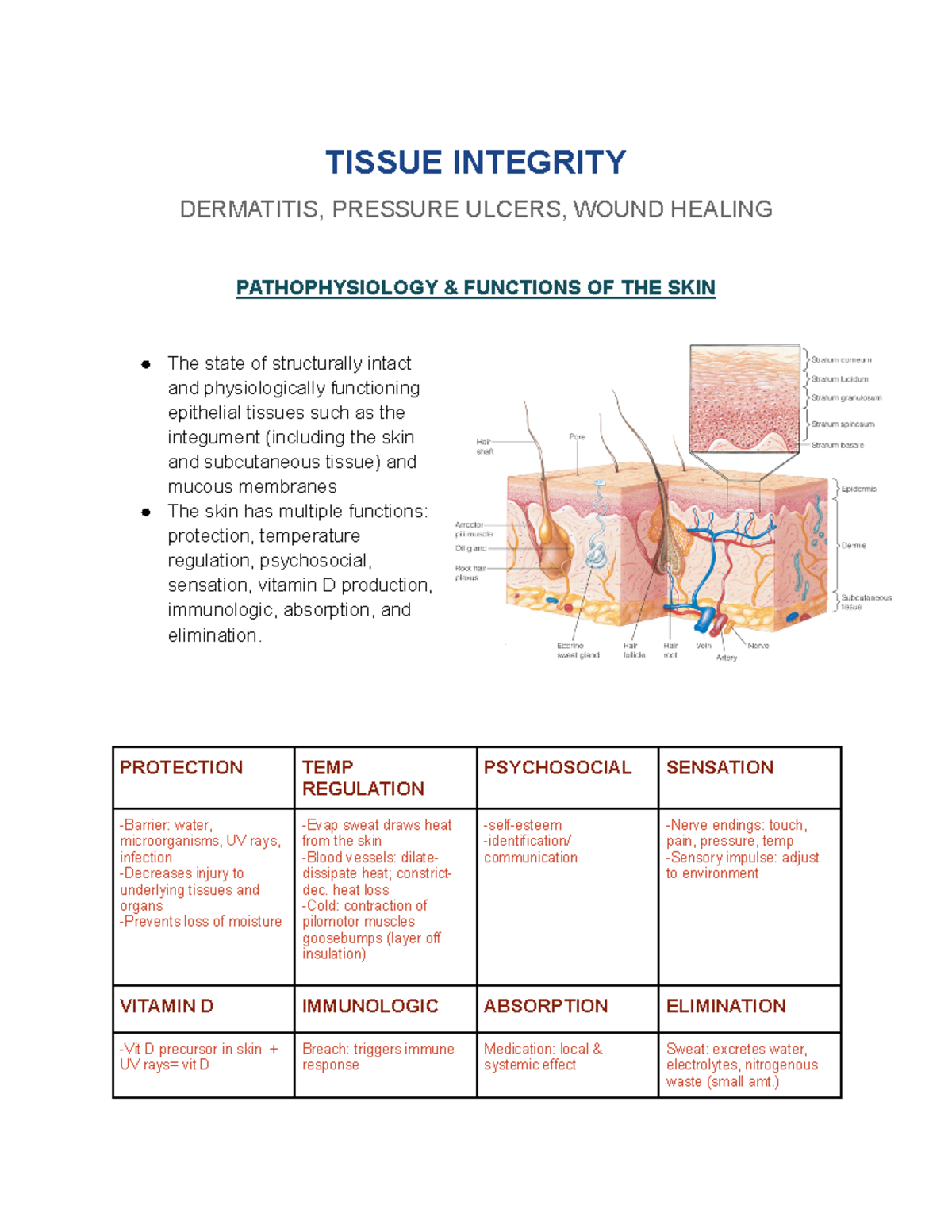 Tissue Integrity - notes - TISSUE INTEGRITY DERMATITIS, PRESSURE ULCERS ...