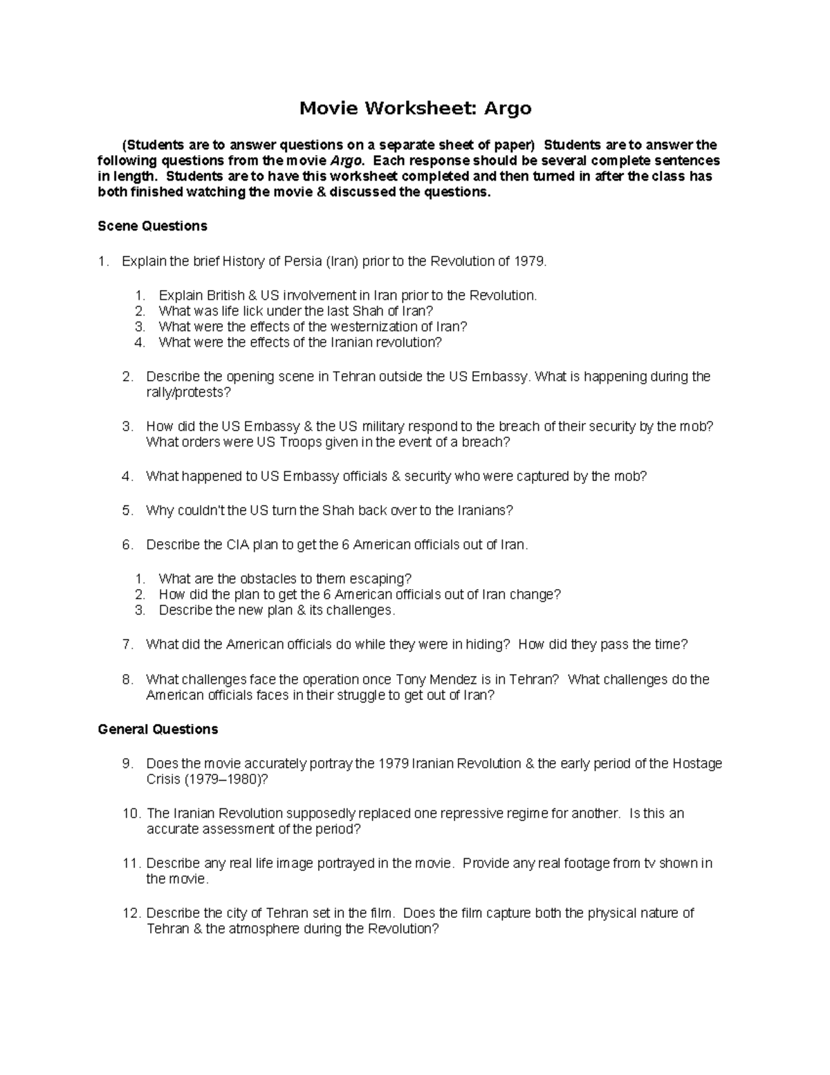Argo-Movie-Worksheet - Movie Worksheet: Argo (Students are to answer questions on a separate ...
