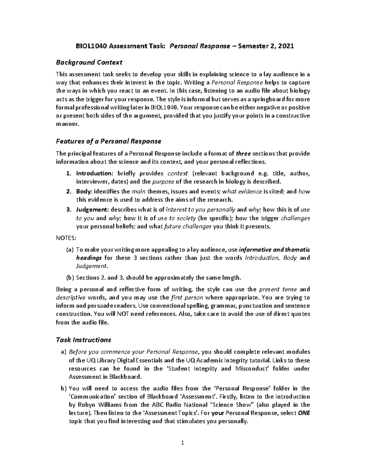 BIOL1040 Assessment&Crit Sheet Personal Response Sem2 2021 - 1 BIOL1040 ...