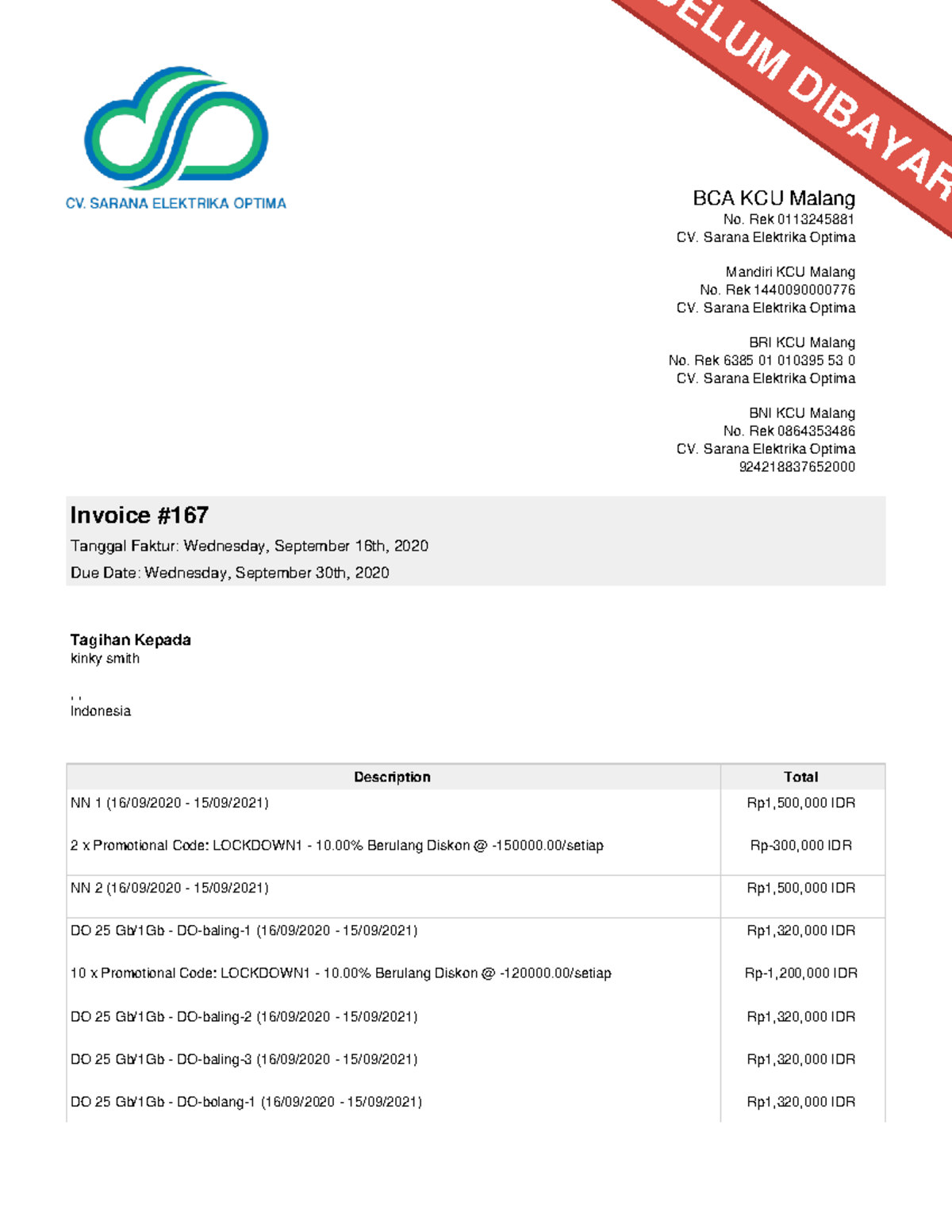 Invoice-167 - Invoice-167 - DIBAYAR BCA KCU Malang No. Rek 0113245881 ...