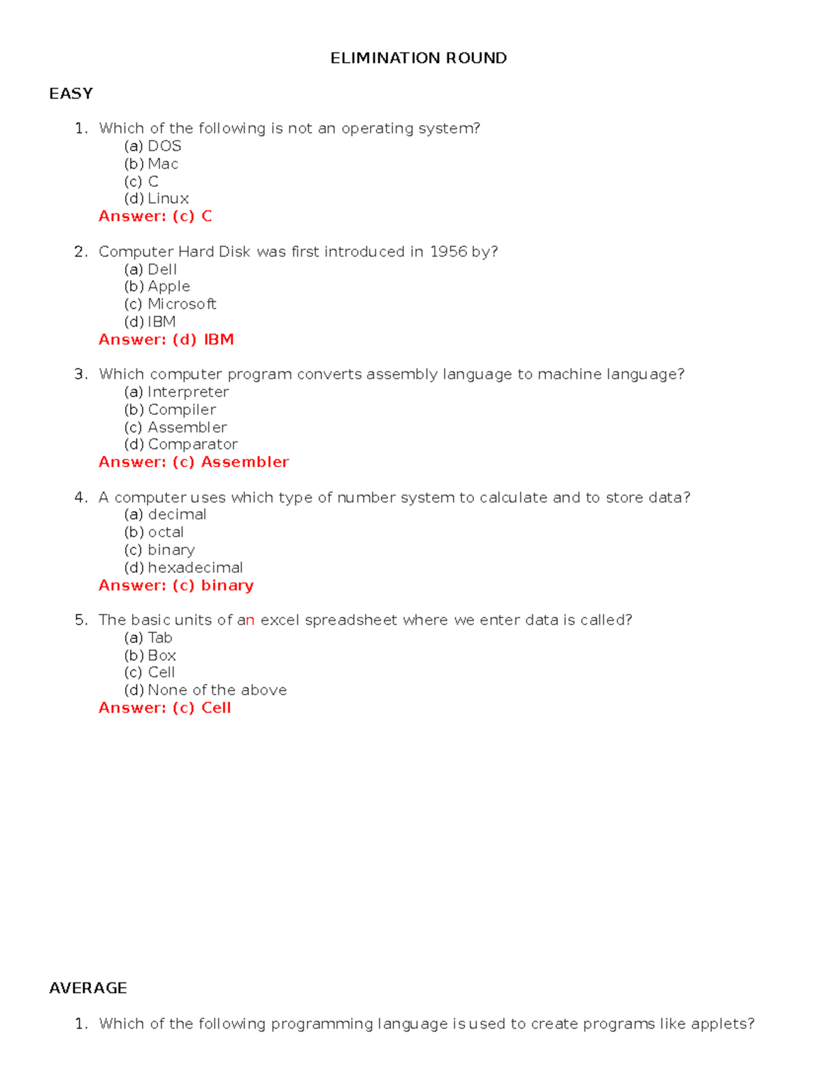 Digital quiz bee final questions - ELIMINATION ROUND EASY Which of the ...