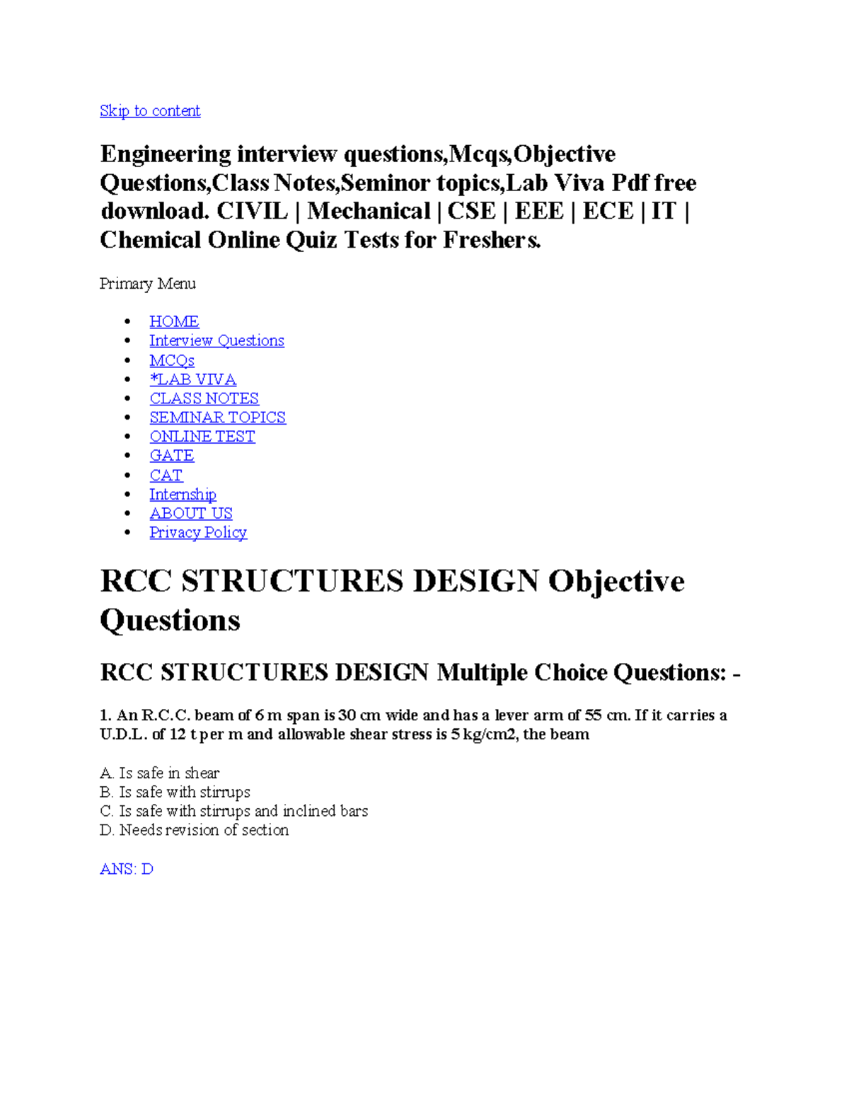 RCC Structures Design Objective Questions - Skip to content Engineering interview - Studocu