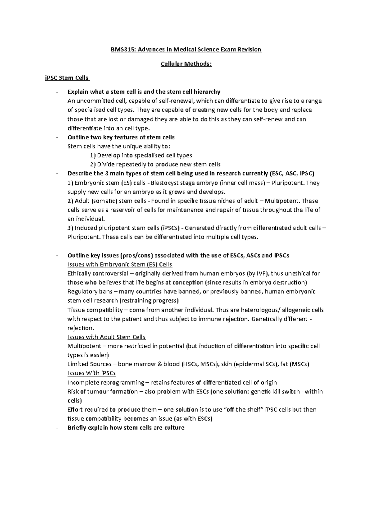 BMS315 Exam Revision Notes - BMS315: Advances in Medical Science Exam ...